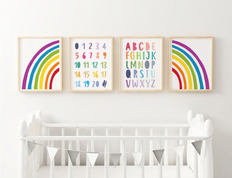 Rainbow Wall Art Set of 4 Print Alphabet Print Number Wall | Etsy