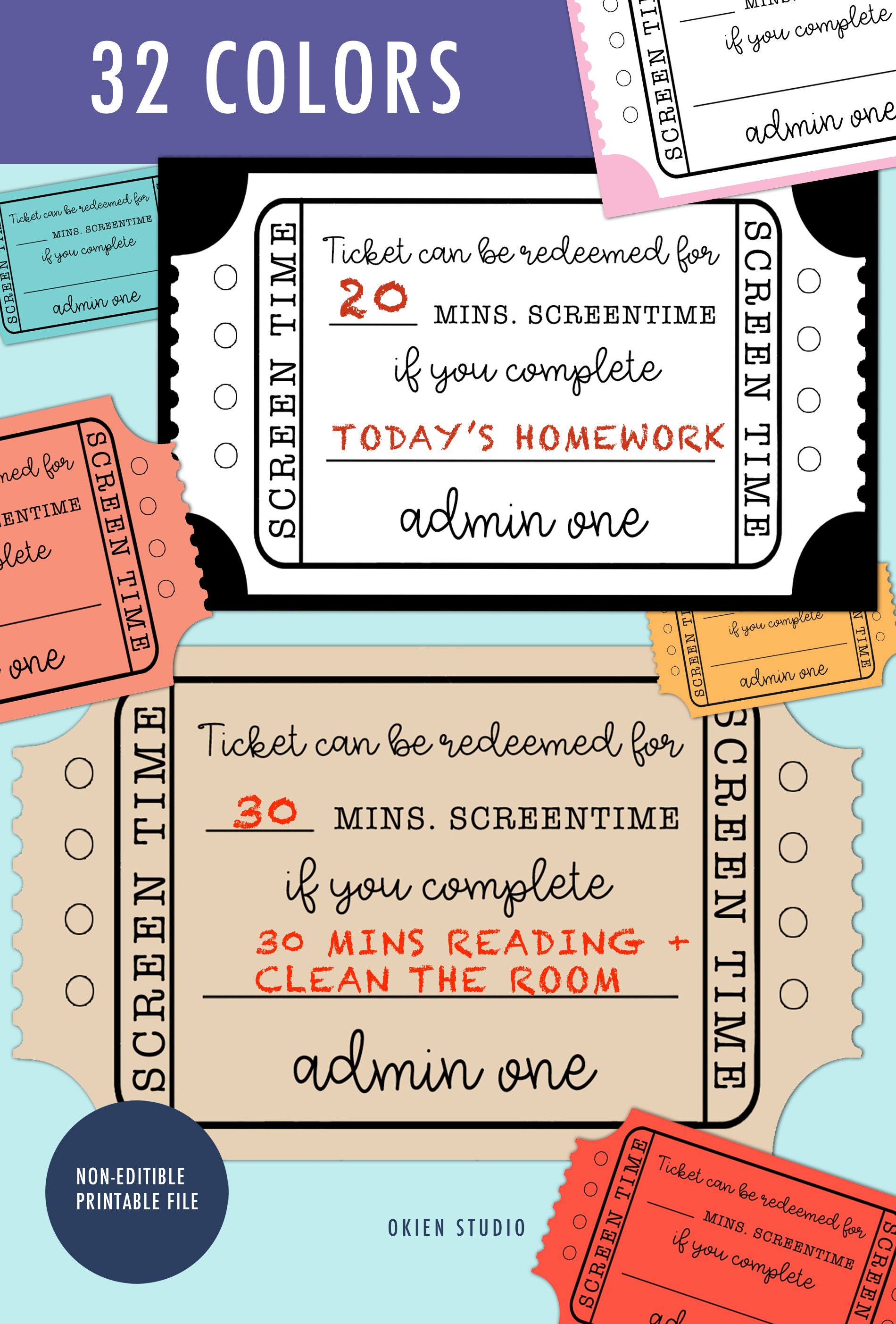 32 Colors Screen Time Reward System Printable Chores Card - Etsy