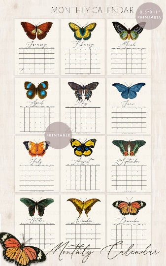 Undated Butterfly Calendar Printable Calendar Desktop - Etsy