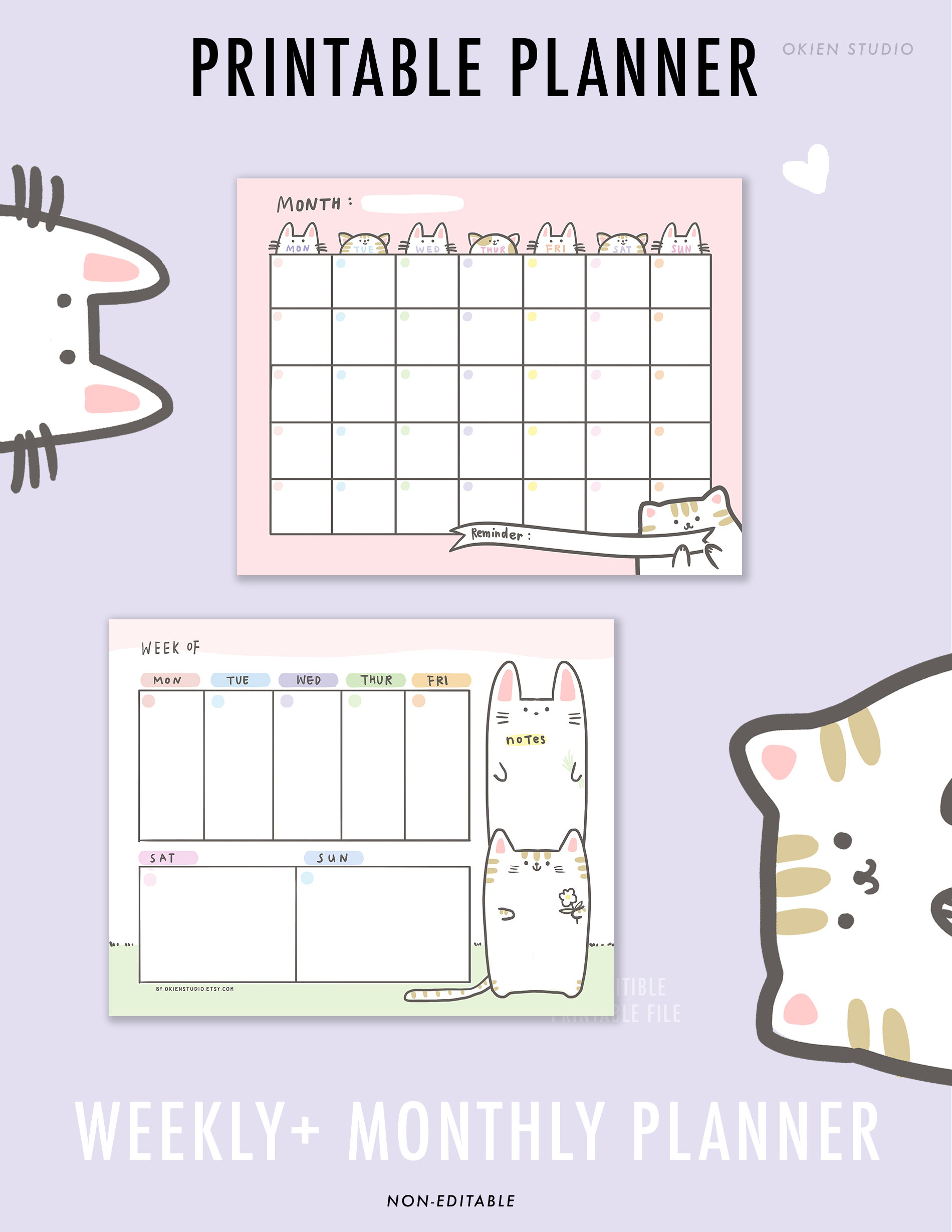 Cat Monthly Planner Cat Weekly Planner Digital planner | Etsy