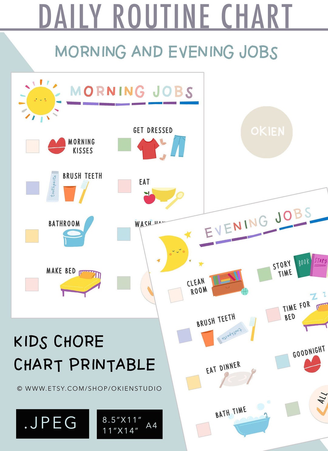 Kids Morning & Bedtime Routine Chart: Printable Chore Chart (JPEG) - Etsy