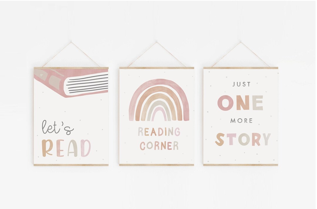 Rainbow Reading Corner Print Set: Boho Pink Nursery Playroom Wall Art ...