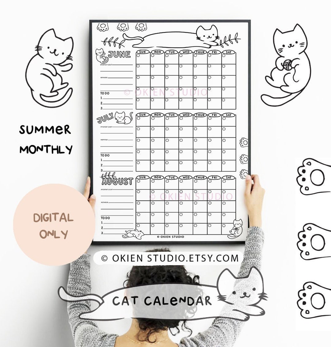 Cute Cat Monthly Calendar, Cat Summer Planner, Cat Monthly Calendar ...