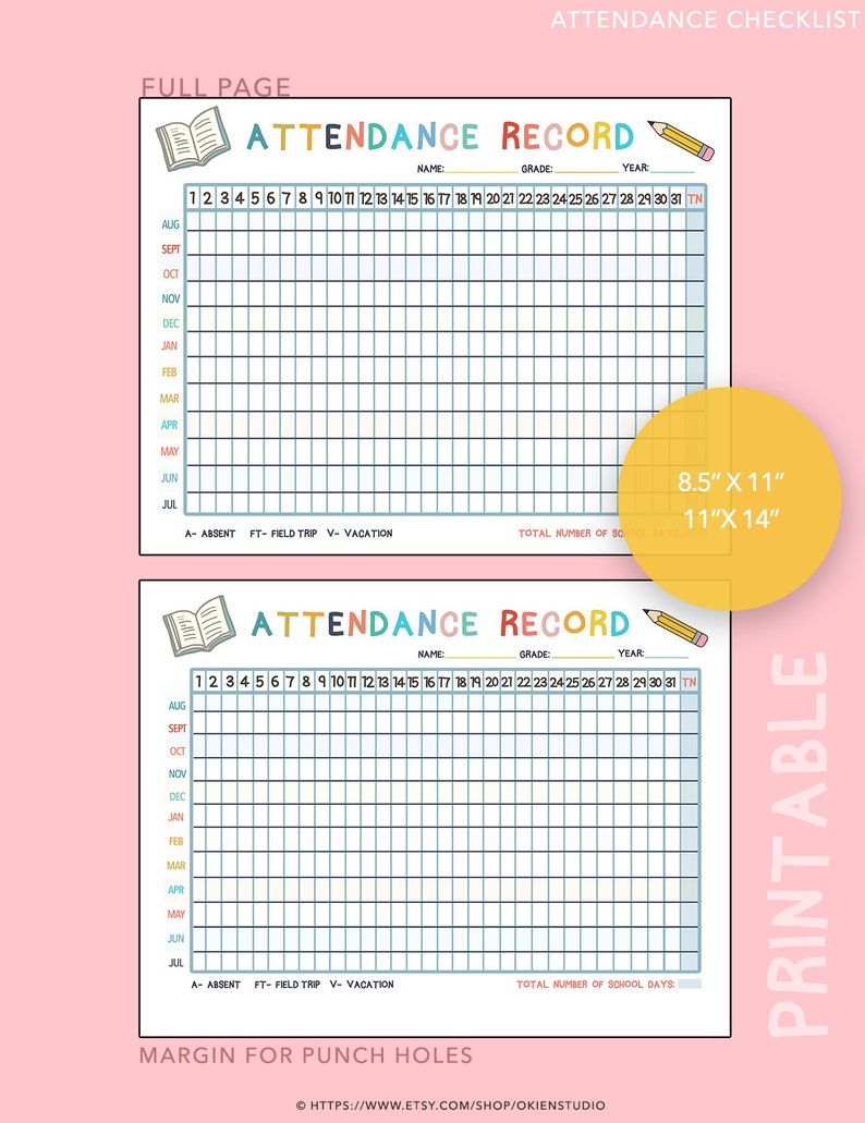 Printable Yearly Attendance Sheet digital Teacher Log | Etsy