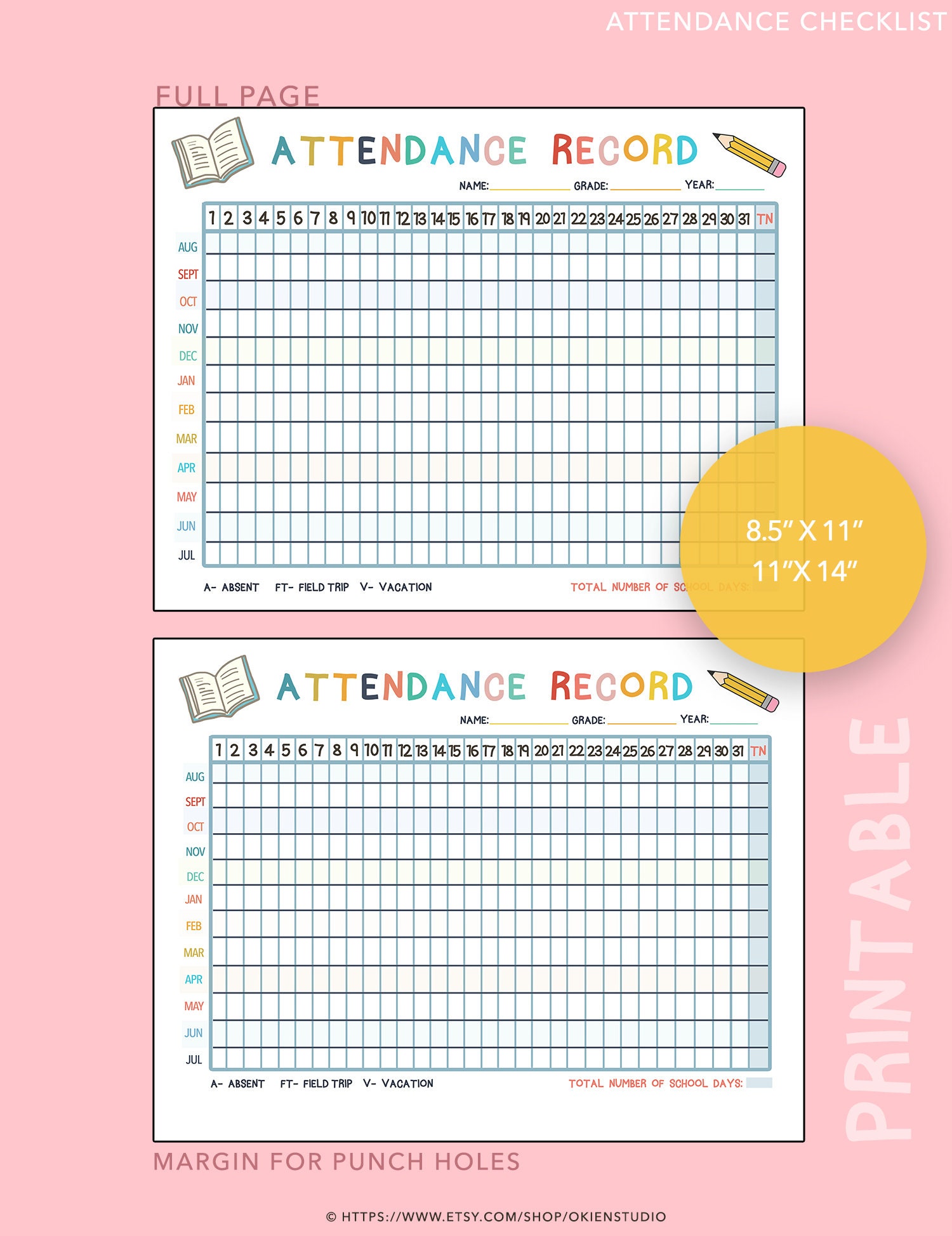 Teacher Attendance Sheet: Yearly Classroom Tracker (digital Download ...