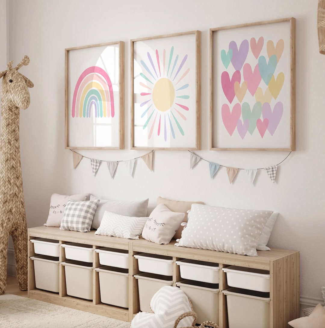 Pastel Rainbow Nursery Art Prints: Sun, Hearts, Rainbow Set (digital ...