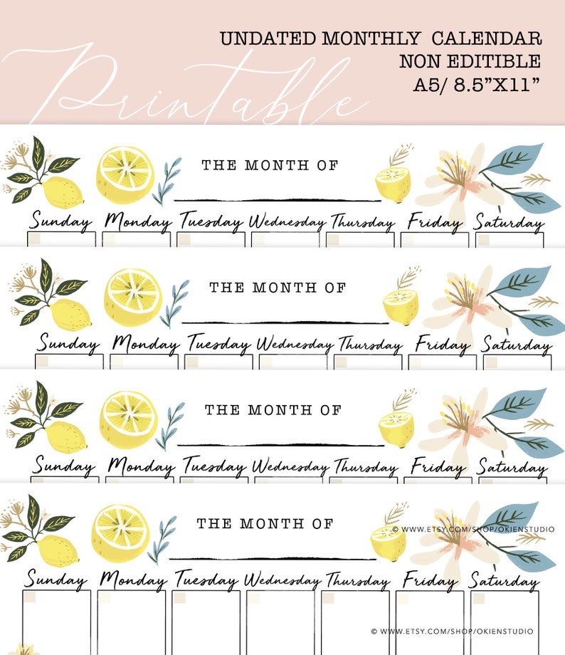 Lemon Monthly Calendar Printable, Undated Planner (digital Download) - Etsy