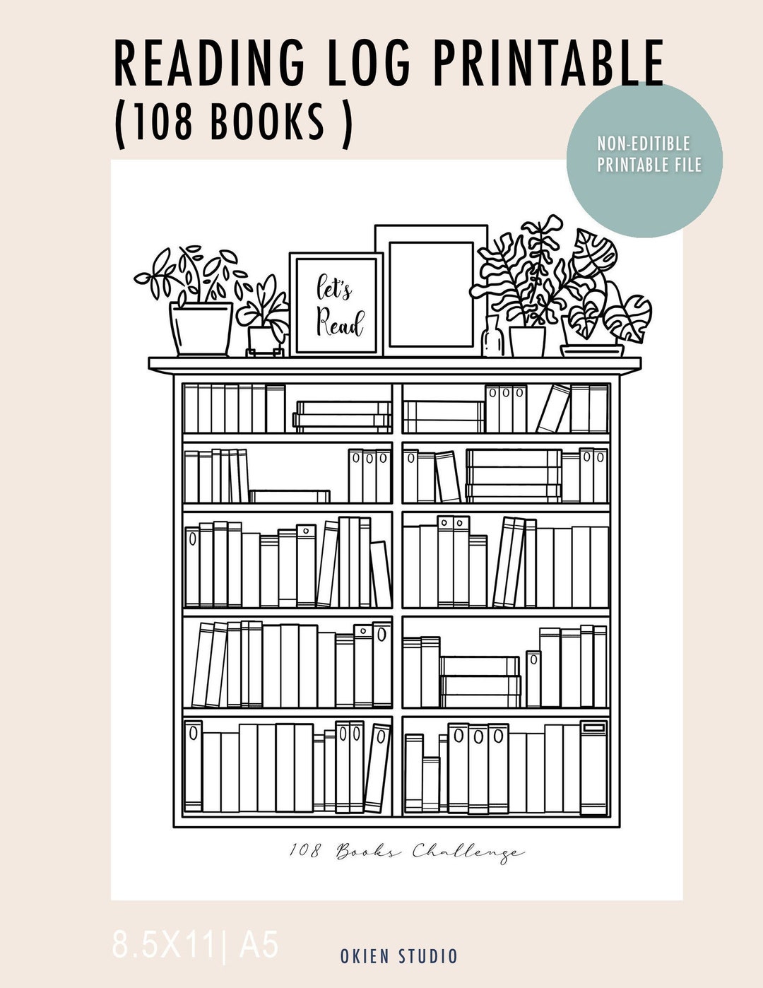 108 Books Reading Log Printable: Bookshelf Tracker (digital Download ...