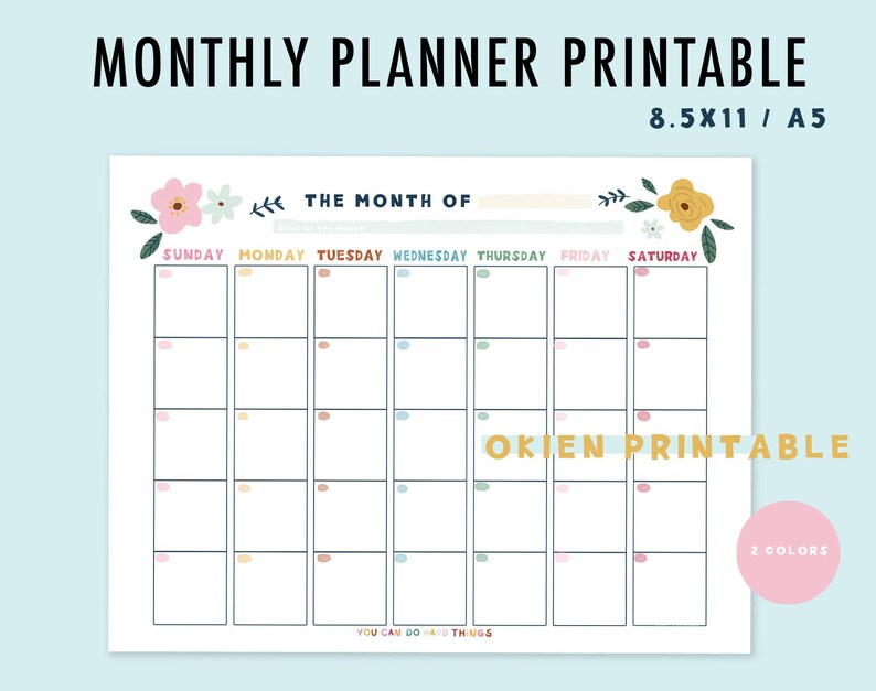 2 Colors Monthly Planner Printable Flowers Monthly Calendar | Etsy