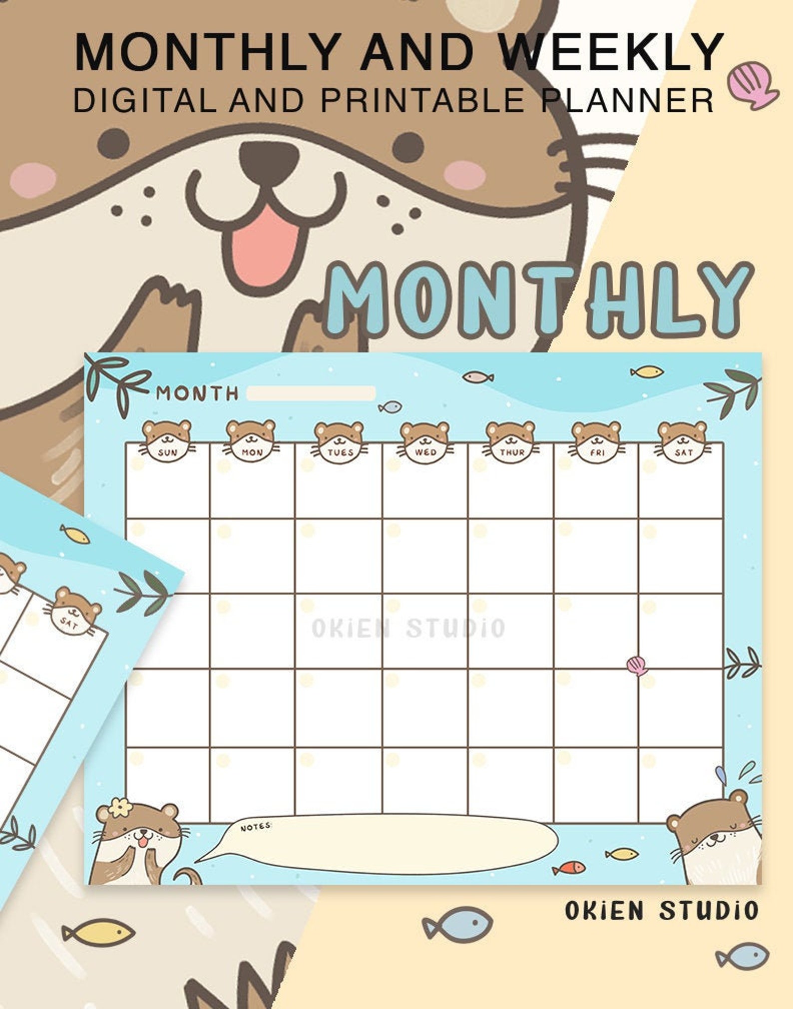 Printable Monthly Calendar Otter Planner Digital Planner - Etsy