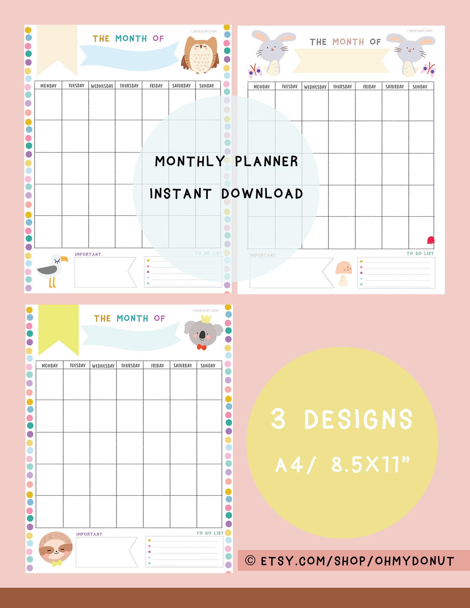 Printable Planner, Monthly Calendar, Animals Planner, Cute Planner for ...