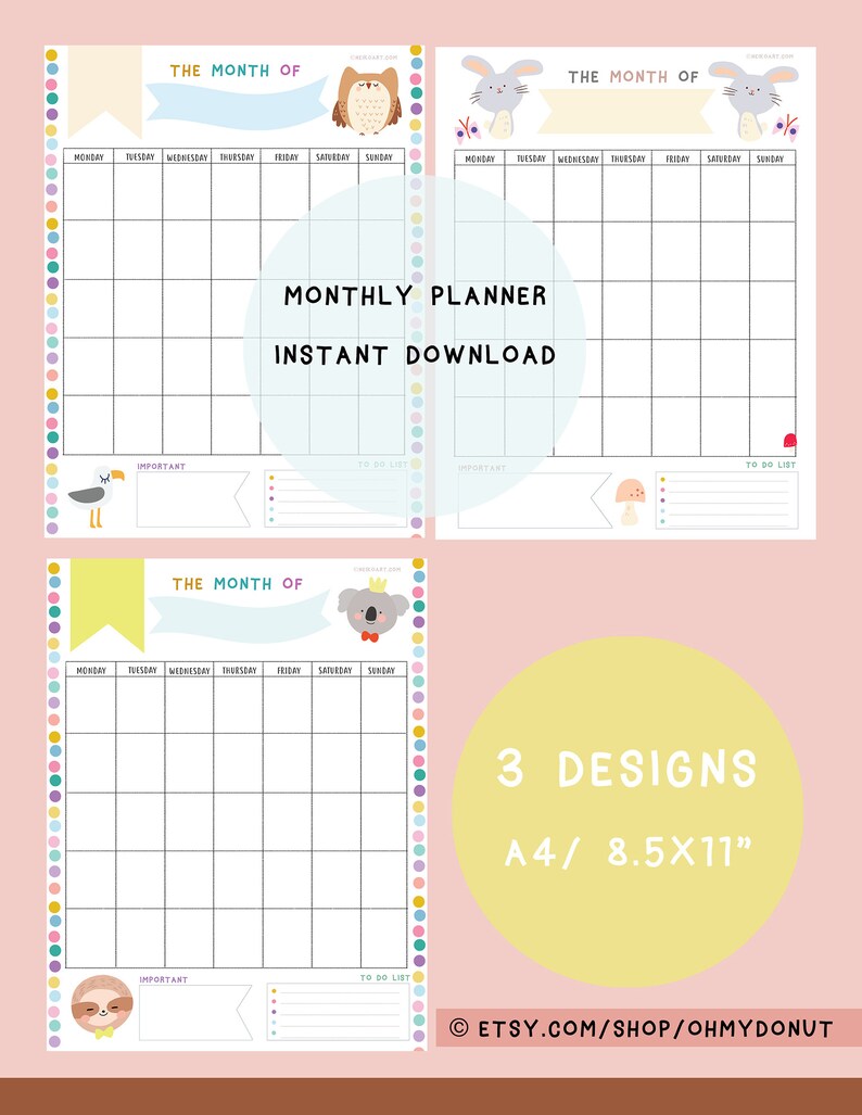 Printable Planner Monthly Calendar Animals Planner Cute - Etsy