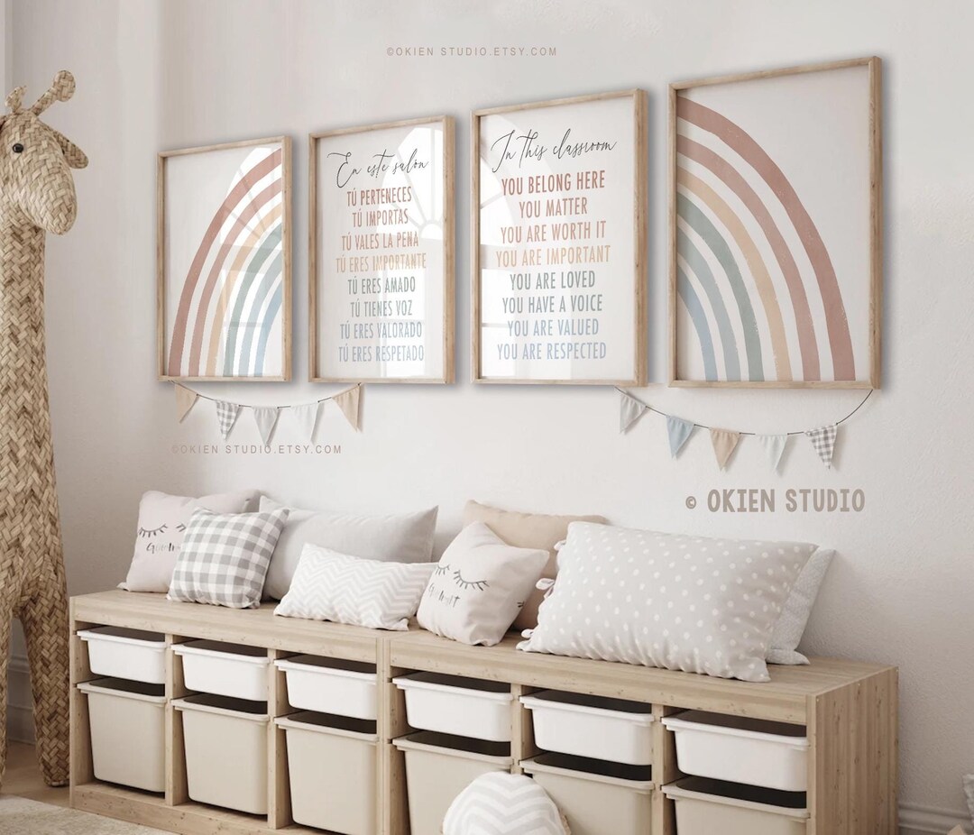 Boho Rainbow Classroom Poster Set: Spanish & English Classroom Wall Art ...