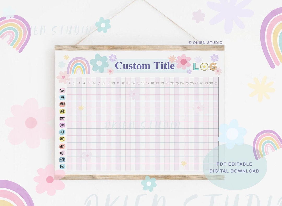 Pastel Rainbow Calendar, Editable Flower Year Log, Yearly Tracker ...