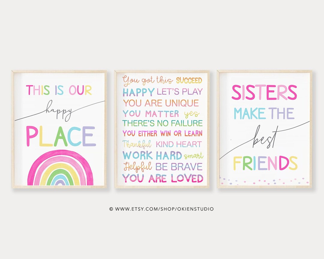 Girls Room Poster Set: Happy Place, Sister Friends Art (digital ...