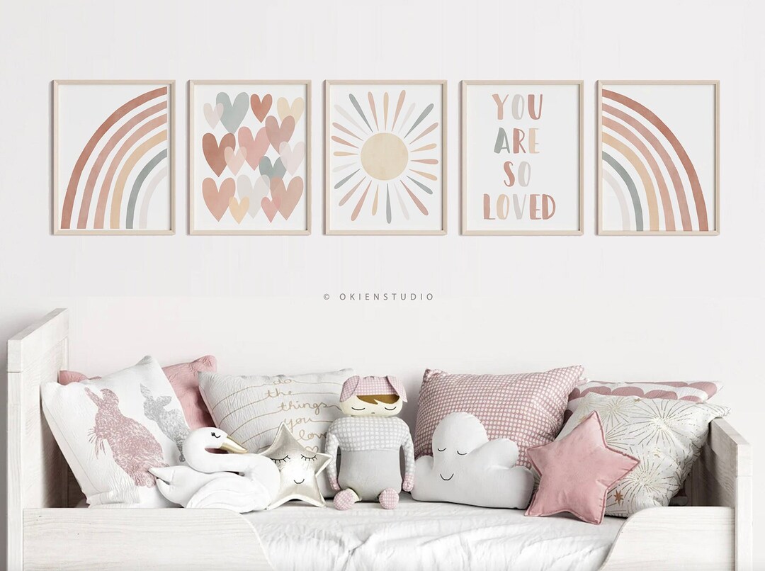 Boho Rainbow Nursery Art Prints Set: You Are Loved Wall Decor, Unisex Bedroom Wall Art (digital ...