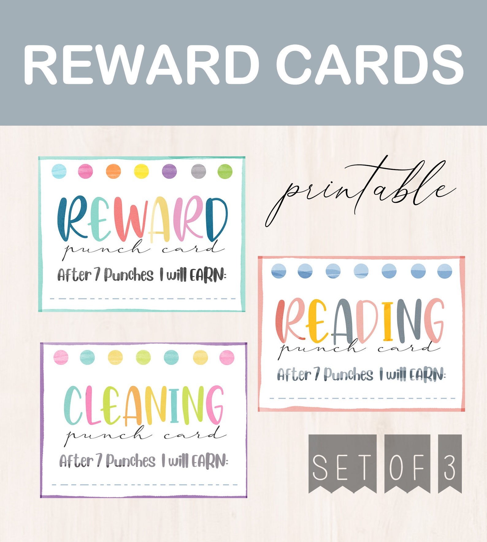 Reward Punch Card, Girl Reward Card, Watercolor Punch Card, Kid Reward ...