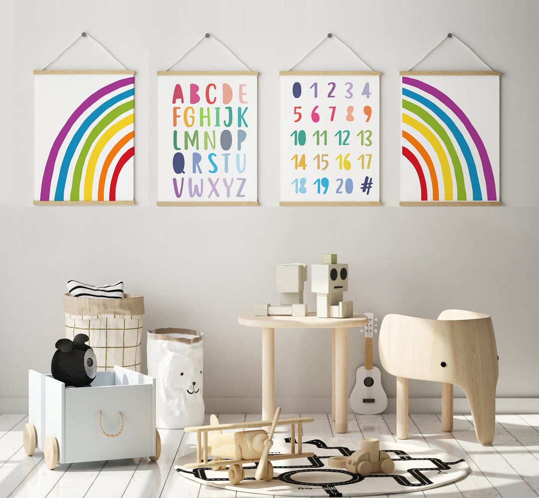 Rainbow Wall Art, Set of 4 Print, Alphabet Print, Number Wall Art ...