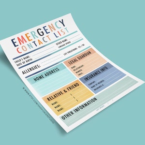 Editable Emergency Contact List PDF: Babysitter Daycare Form (8.5x11 ...