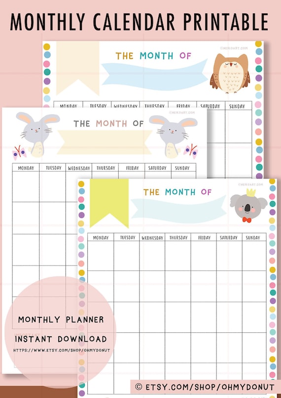 Printable Planner Monthly Calendar Animals Planner Cute - Etsy
