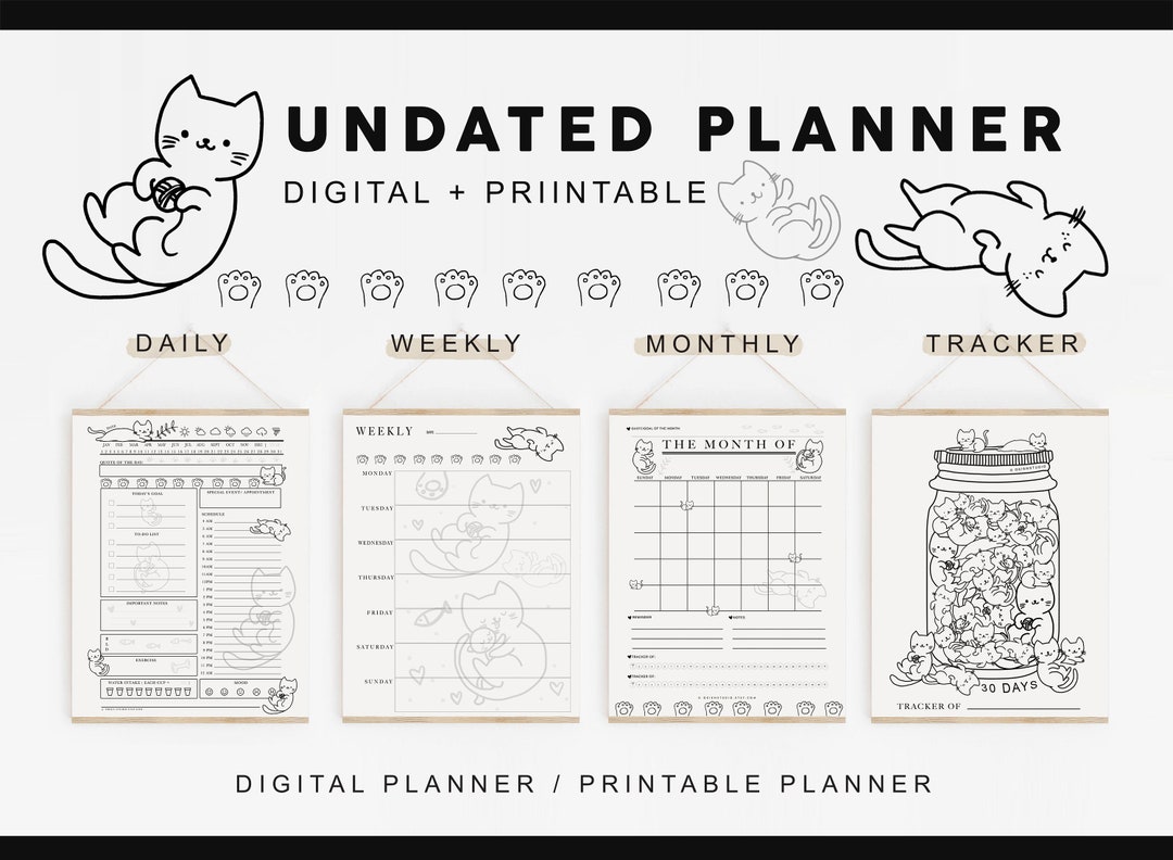 Planner Bundle Printable, Digital Planner, Daily Schedule, Cat Monthly ...