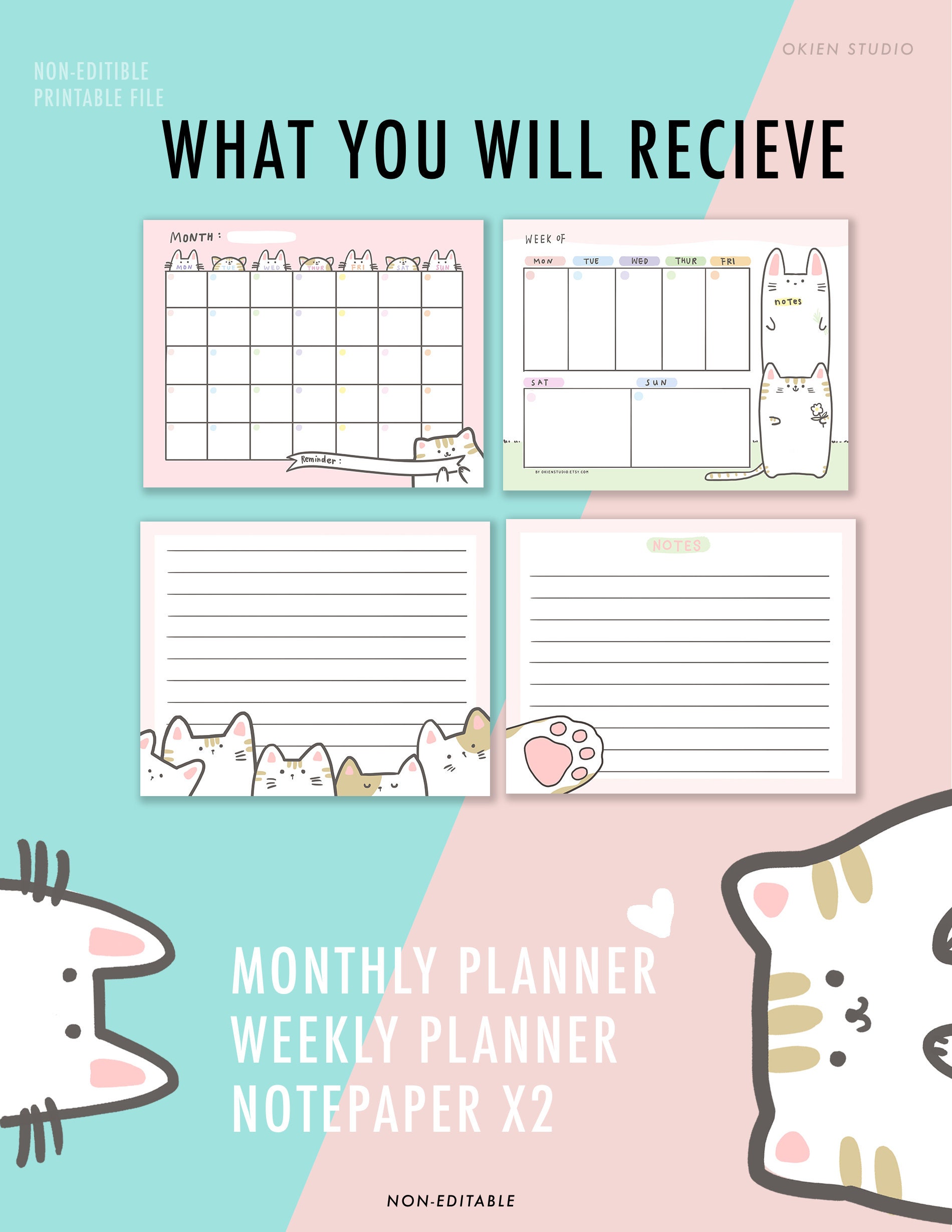 Cat Monthly Planner Cat Weekly Planner Digital planner | Etsy