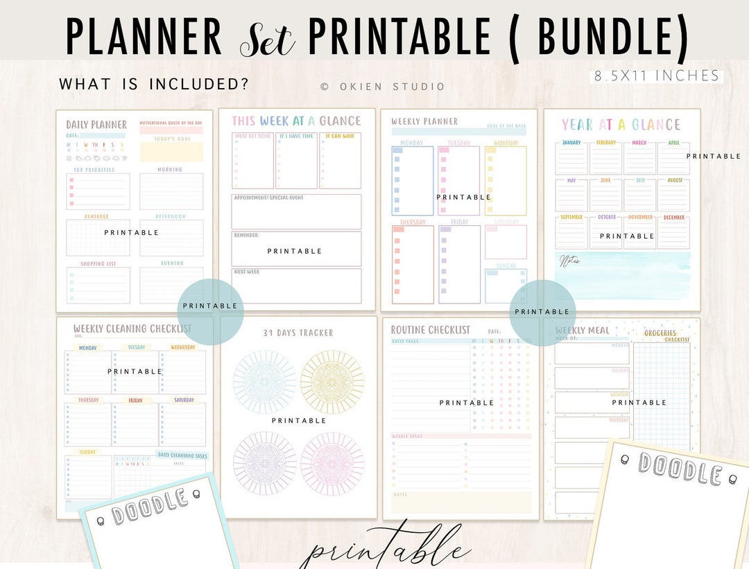 Planner Bundle Printable, 11pages, Daily Routine Chart, Weekly Planner ...