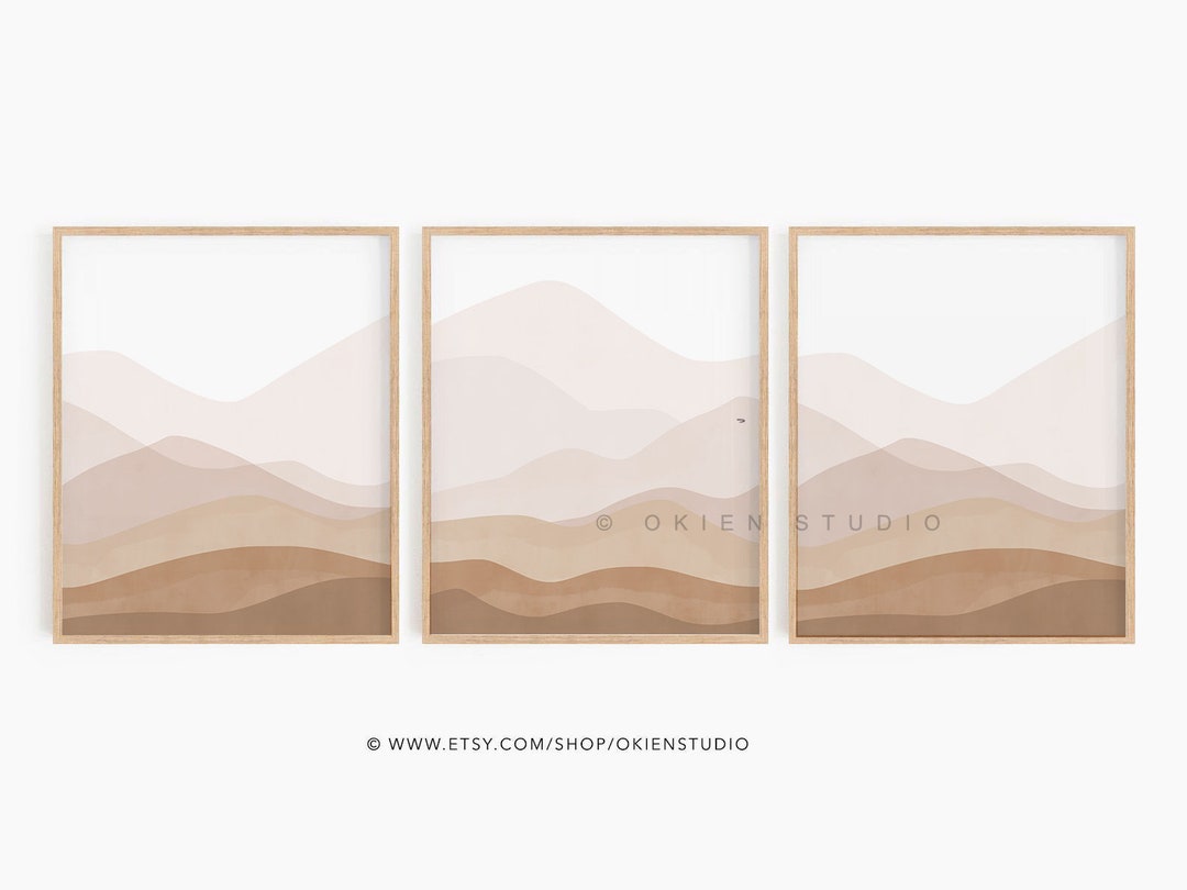 Boho Mountain Landscape Wall Art, Mountain Set of 3, Beige Wall Art ...