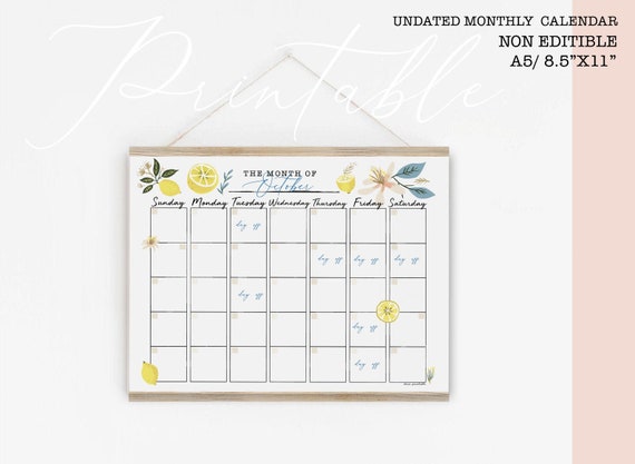 Summer Monthly Calendar Lemon Monthly Planner Lemon | Etsy