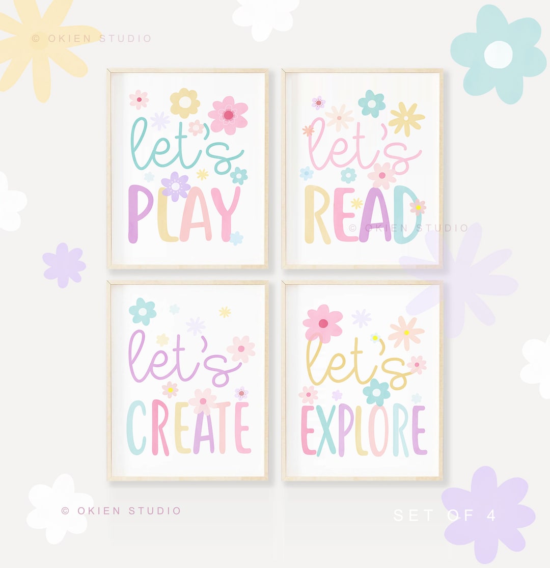 Pastel Rainbow Playroom Art Prints: Let's Play, Read, Create, Explore ...