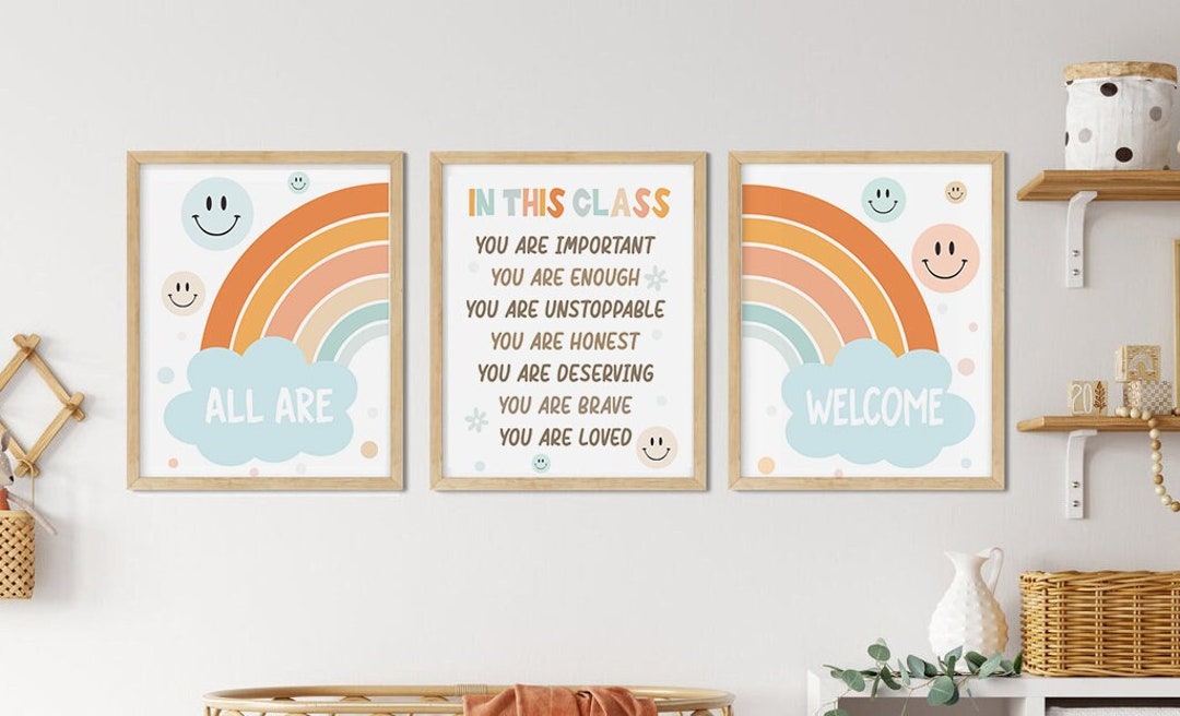 All Are Welcome, Orange Boho Classroom Decor, Smiley Face Positive ...