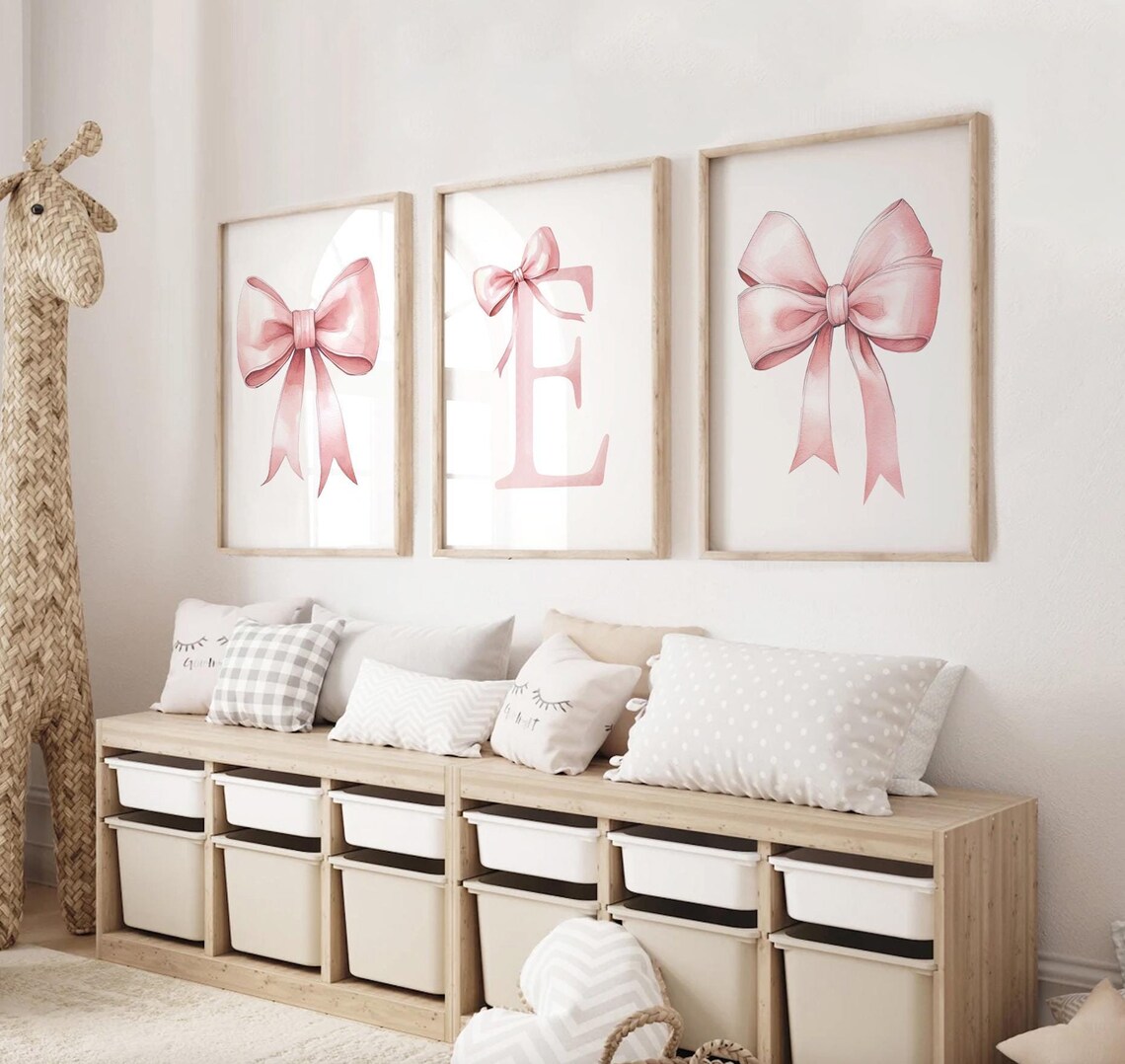 Pink Bows Initial Name Sign: Watercolor Art Print Set (digital Download ...