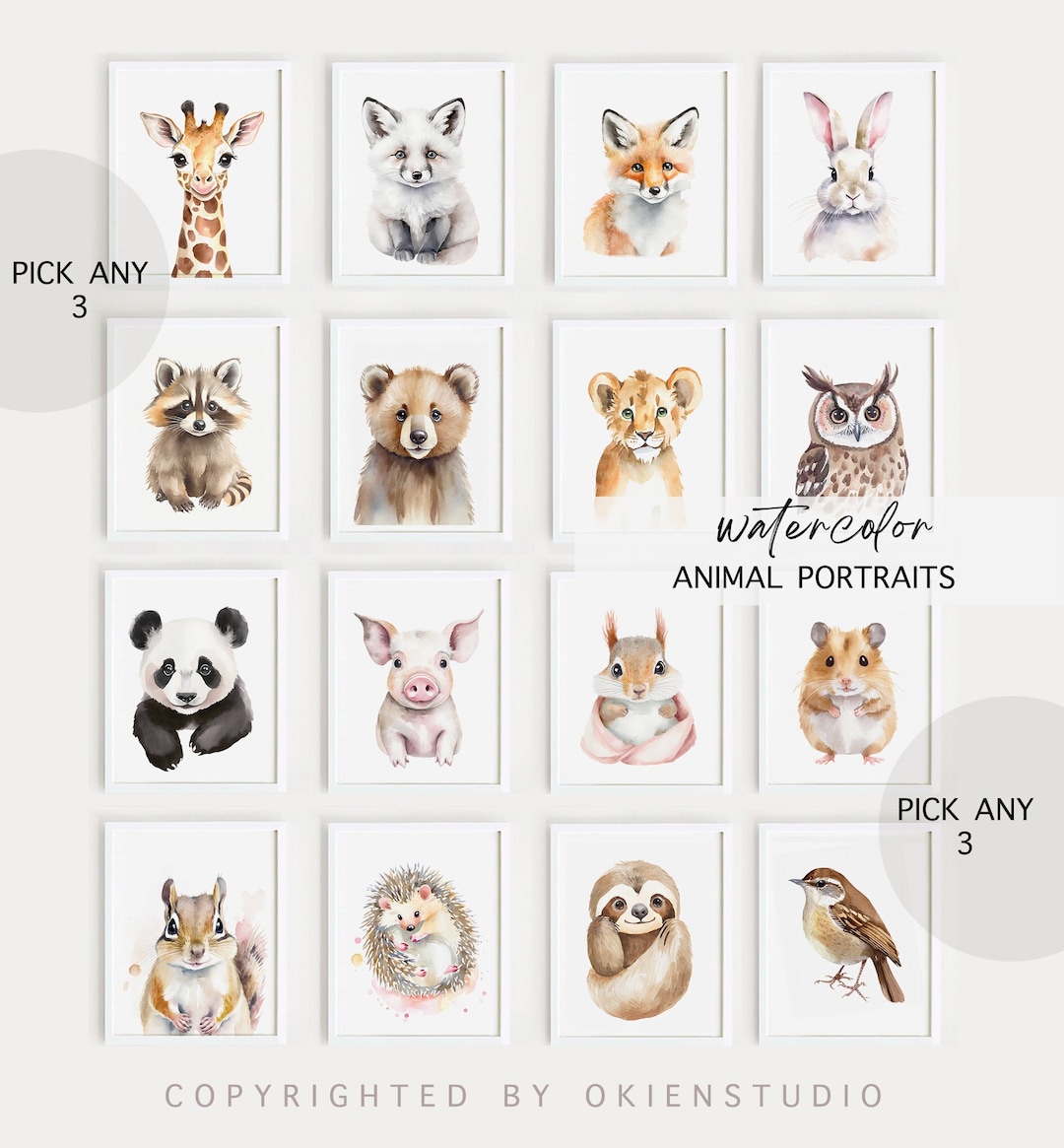 Watercolor Animal Portraits: Safari Nursery Art Prints (digital ...