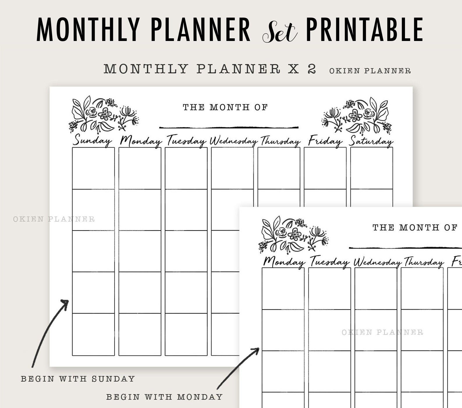 Hand-drawn Monthly Planner Set: Black and White Printable (digital ...