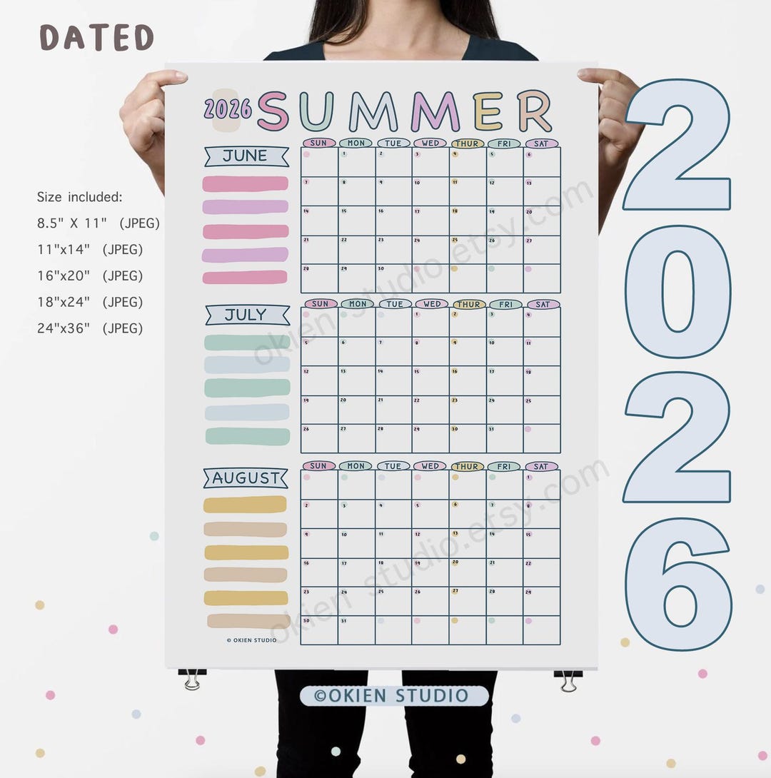 2026 Summer Wall Calendar Poster, June–august Minimal Pastel Planner ...