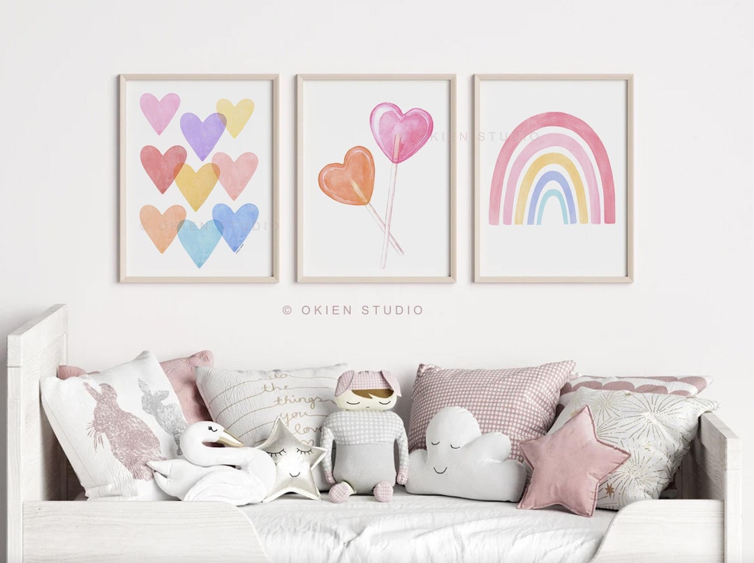 Pastel Rainbow Hearts Lollipop Wall Art Prints: Girl Nursery Decor ...