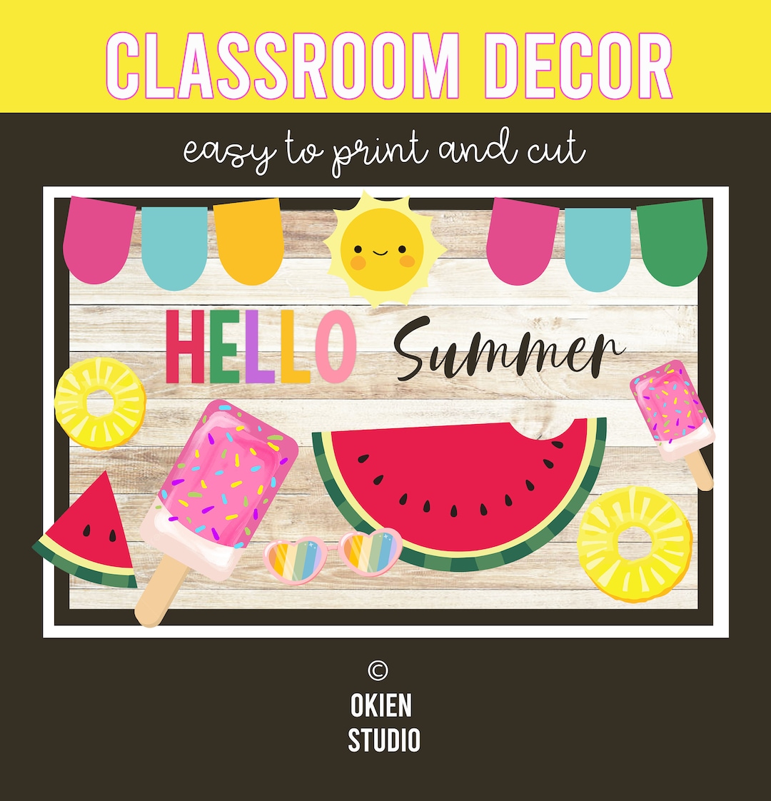 Hello Summer Watermelon Pineapple Sun Bulletin Board, Bright Happy ...