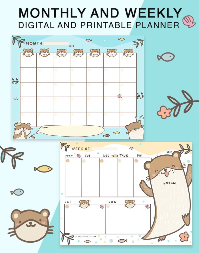 Printable Monthly Calendar Otter Planner Digital Planner - Etsy