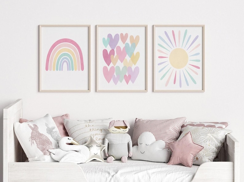 Pastel Rainbow Nursery Art Prints: Sun, Hearts, Rainbow Set (digital ...