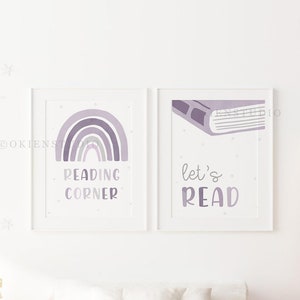 Boho Reading Corner Sign, Playroom Printable, Let's Read Decor, Purple ...