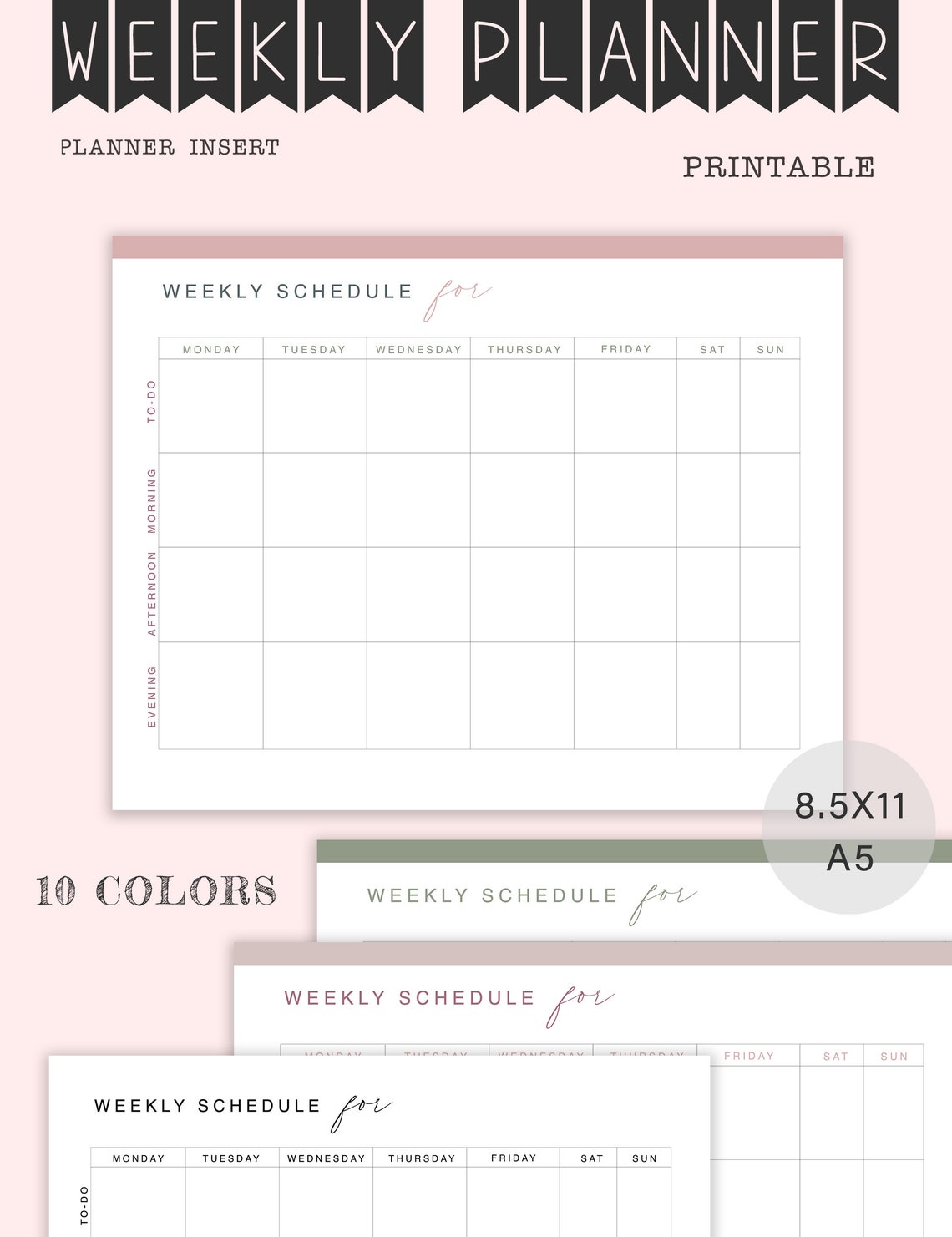 Weekly Schedule Printable: Minimalist Planner, 10 Colors (digital ...