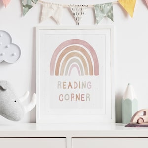 Rainbow Reading Corner Sign, Boho Reading Corner Set, Neutral Wall Art ...