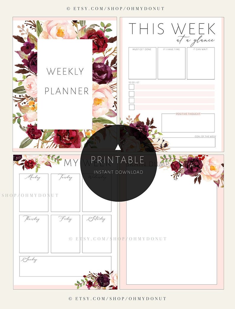 Floral Weekly Planner Printable: At-a-glance Calendar (digital Download ...