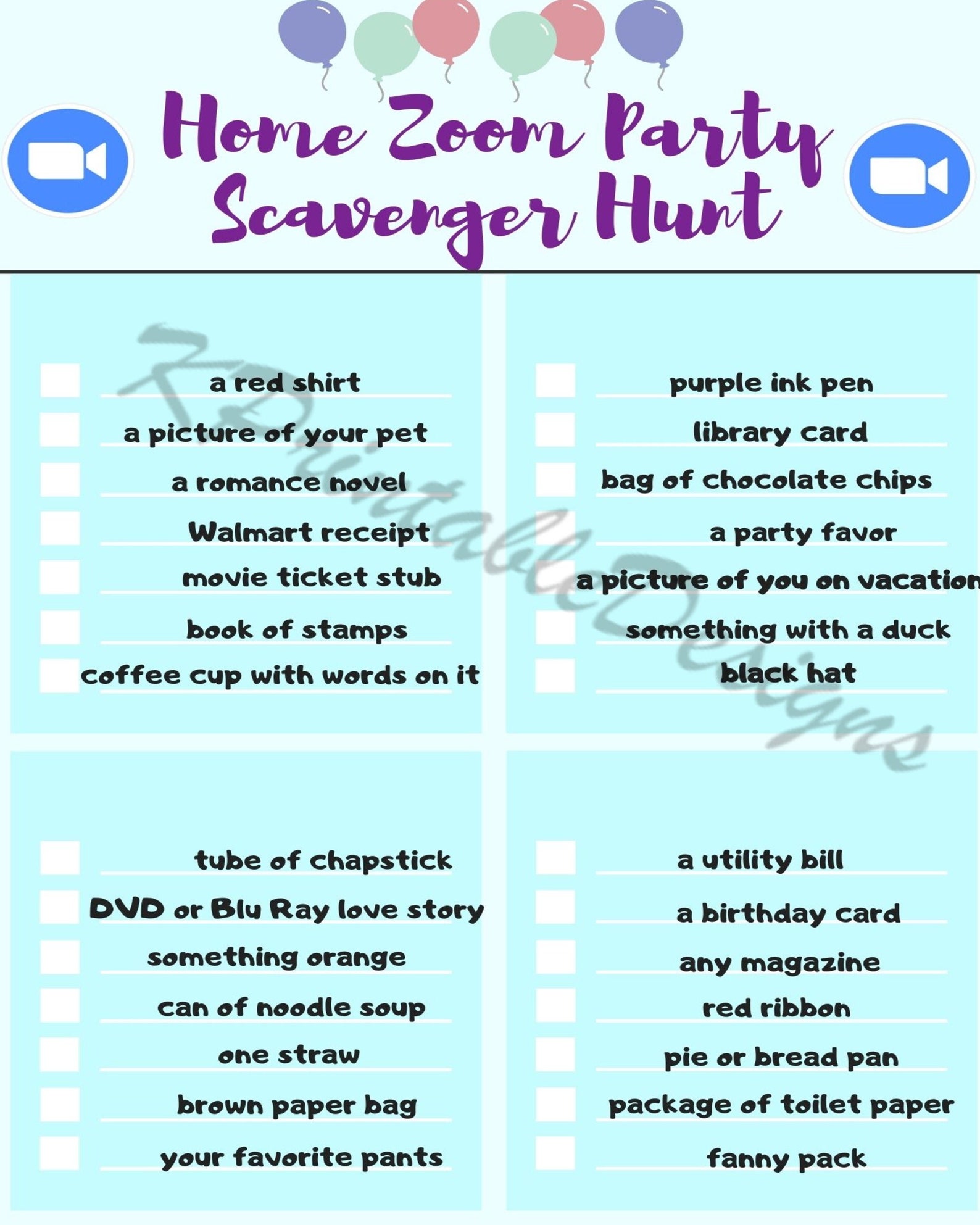 Home Zoom Party Scavenger Hunt Pdf File,games,zoom,zoom Meeting,meeting ...