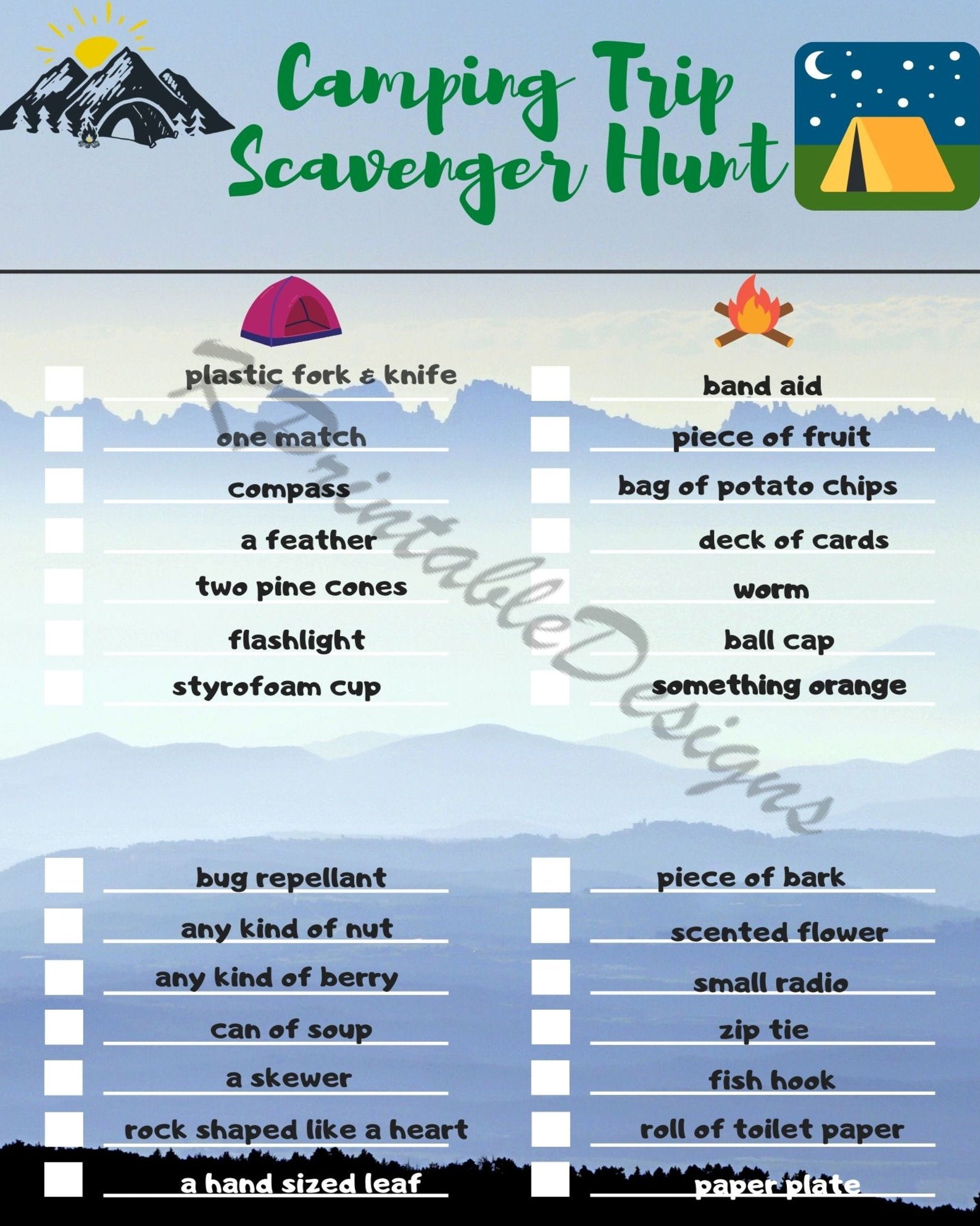 Camping Trip Scavenger Hunt Pdf,camping,camping Gear,camping Essentials ...