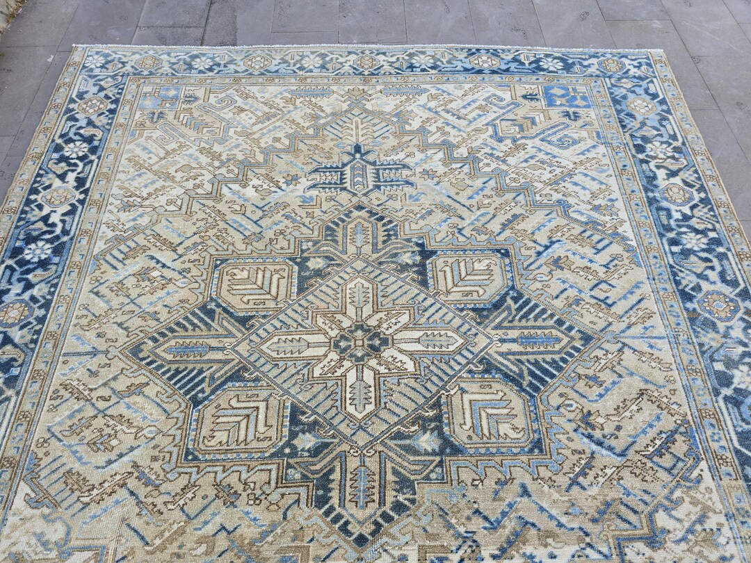 Antique Heriz Rug 8x9, Large Medallion Design Beige Blue Wool Low Pile ...