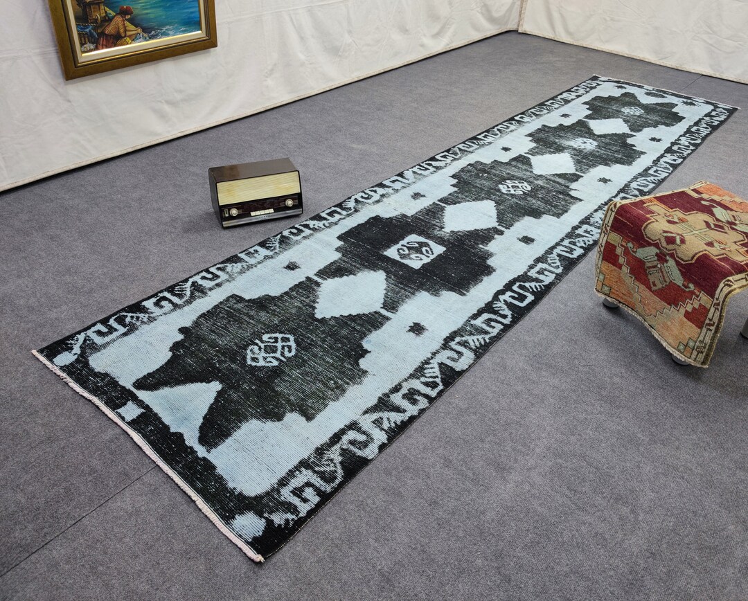 4x14 Hallway Runner Rug, Pale Blue Black Runner, Overdyed Blue ...