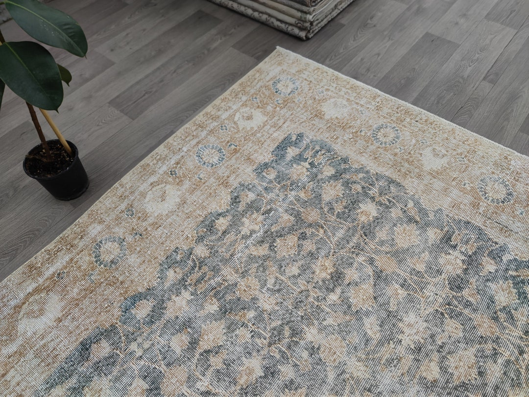 7x10 Neutral Vintage Area Rug, Brown Blue Rug, Turkish Rug, Handmade ...