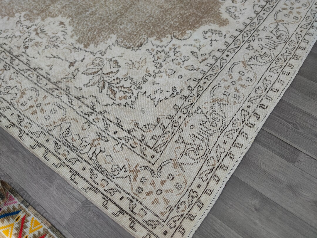 Hand Knotted Wool Low Pile Rug 7x10, Neutral Vintage Rug, Beige Brown ...