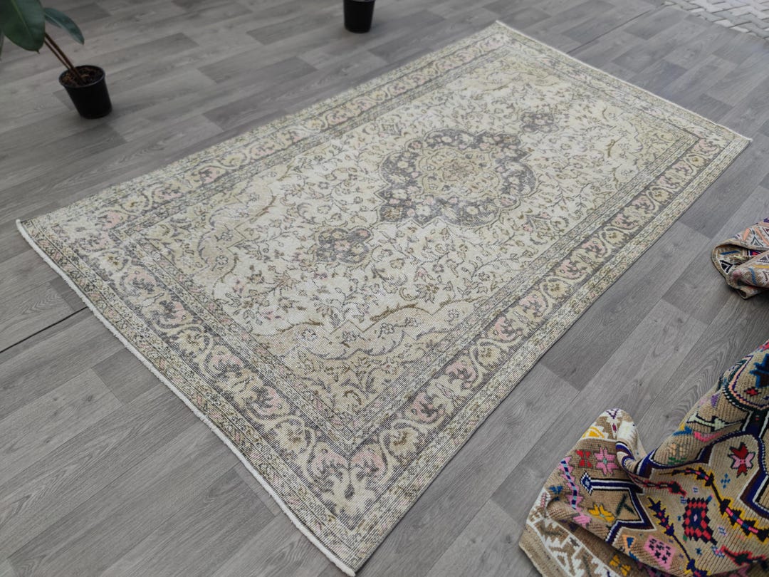 Vintage 5x9 Rug, Neutral Rug, Beige Navyblue Pale Pink Rug, Entry Rug ...